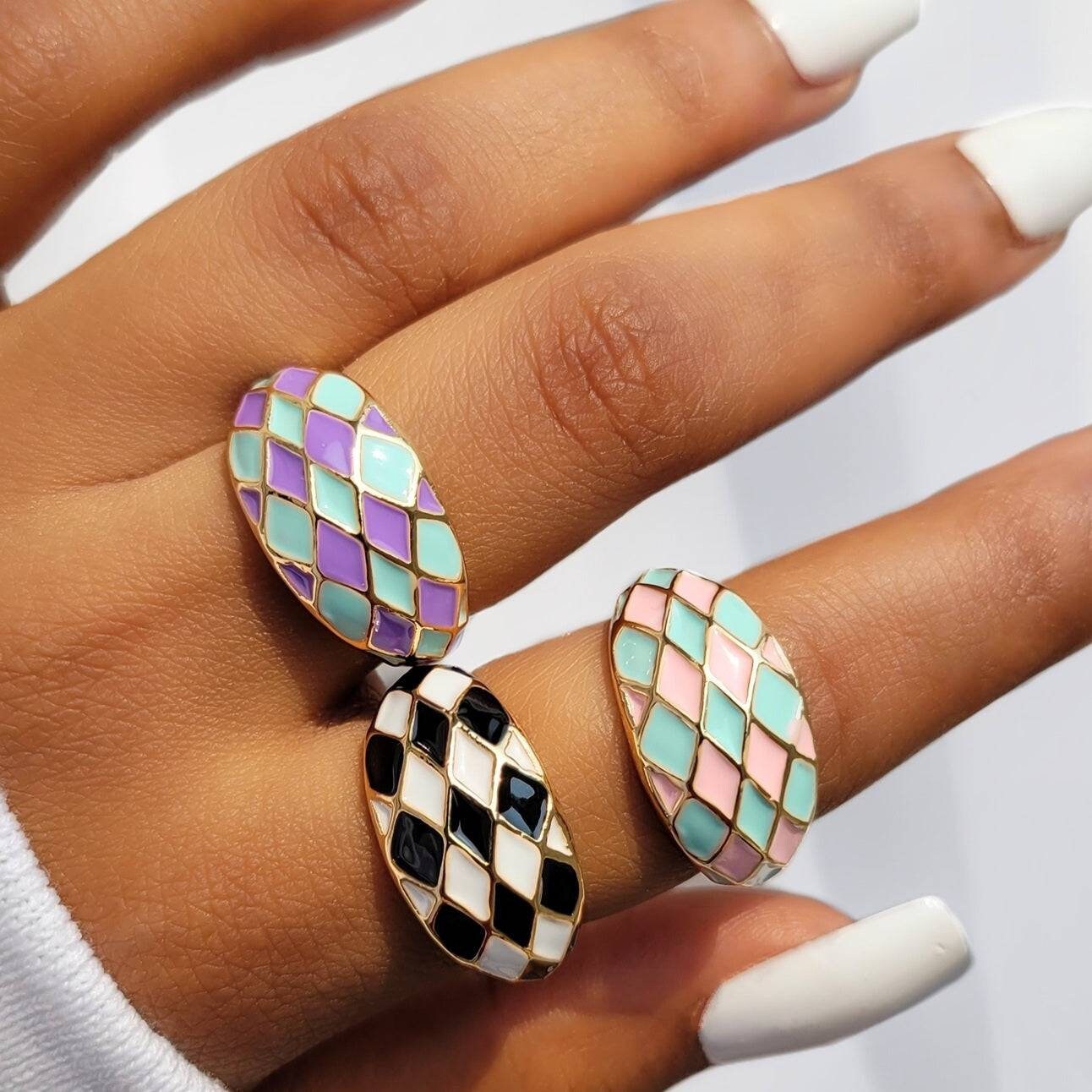 Checkered Dome Rings - Etsy