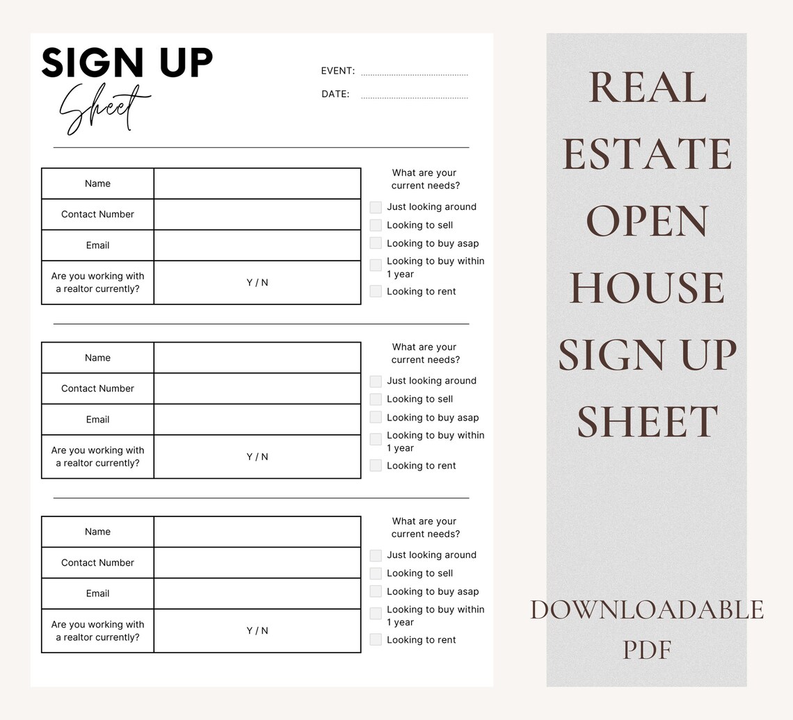 Real Estate Open House Sign up Sheet | Registration Book | PDF Download ...