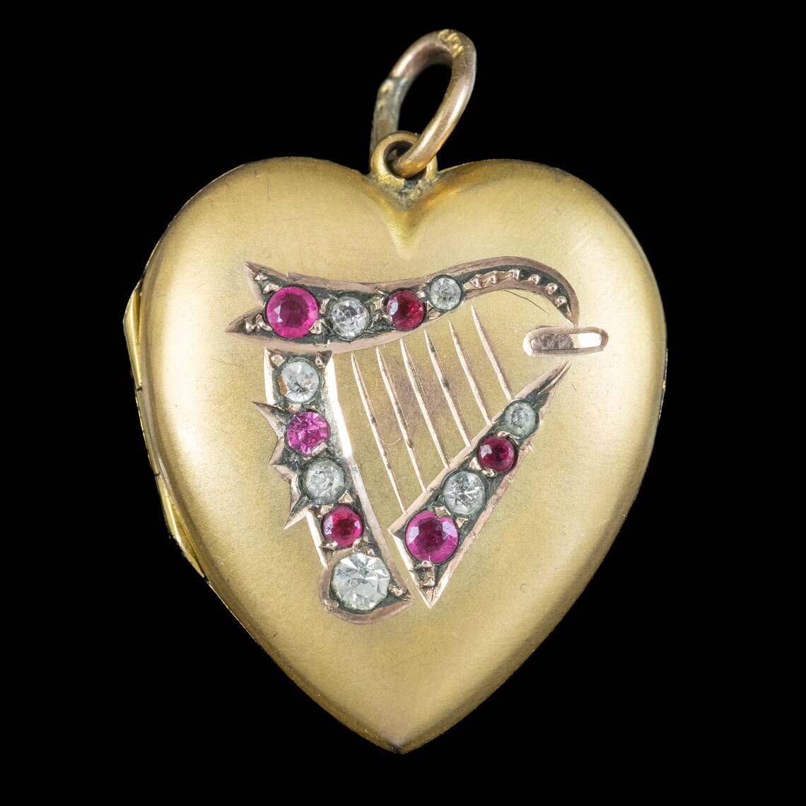 Antique Victorian Paste Lyre Heart Locket 9ct Gold Back and Front Circa ...