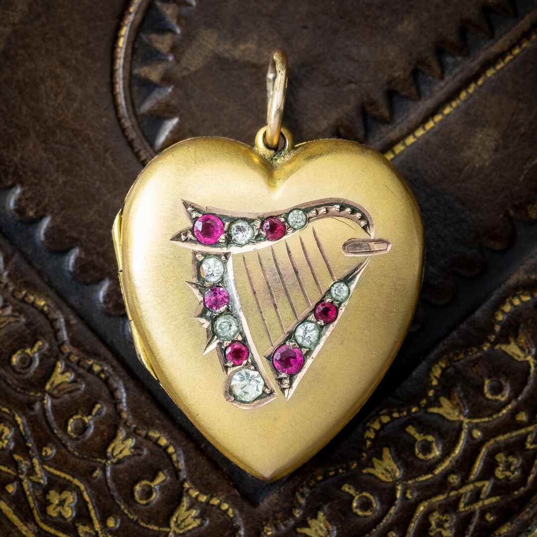 Antique Victorian Paste Lyre Heart Locket 9ct Gold Back and Front Circa ...