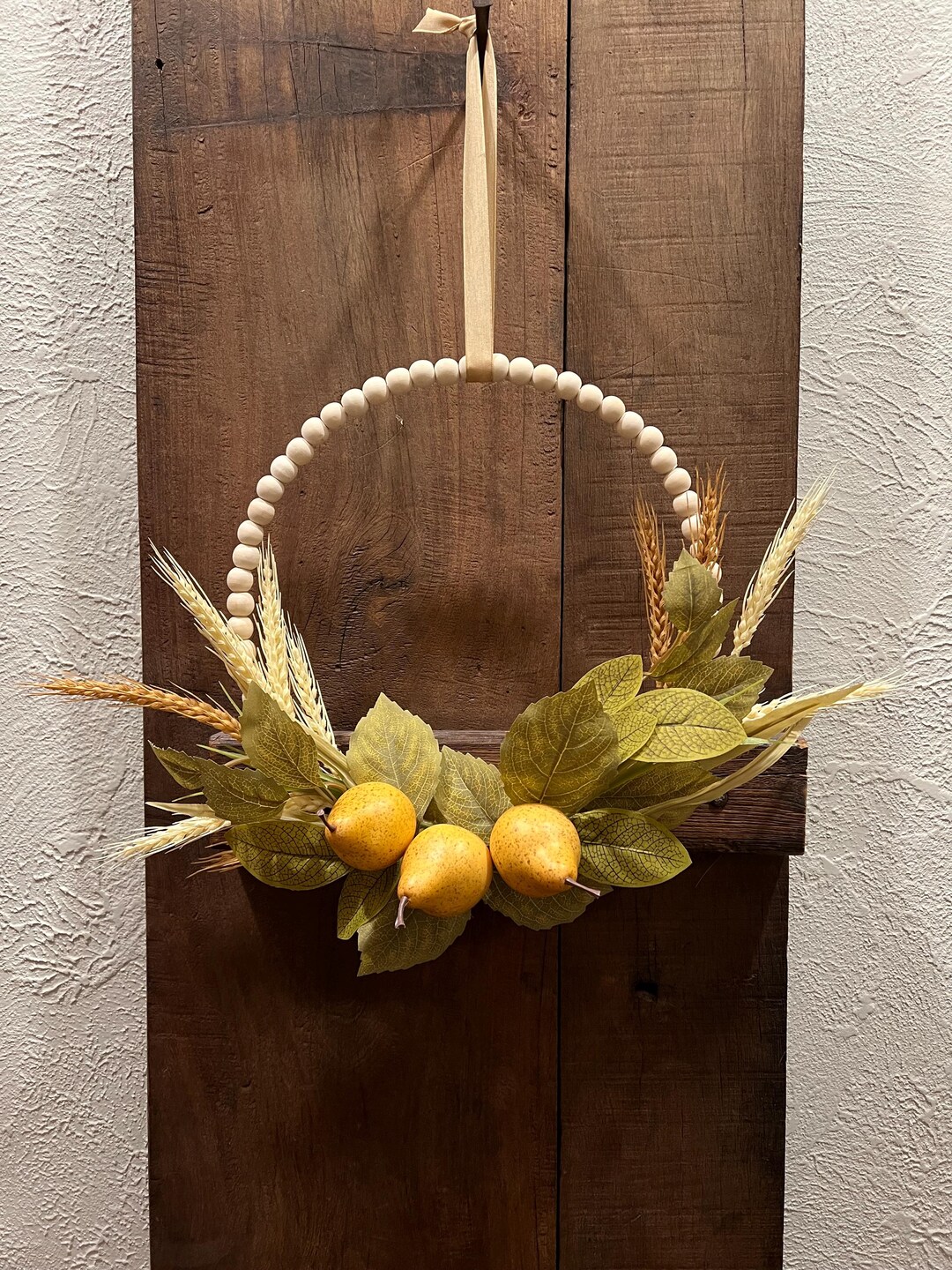 Pear Wreath With Wooden Beads, Pears, Wheat and Greenery, Christmas ...