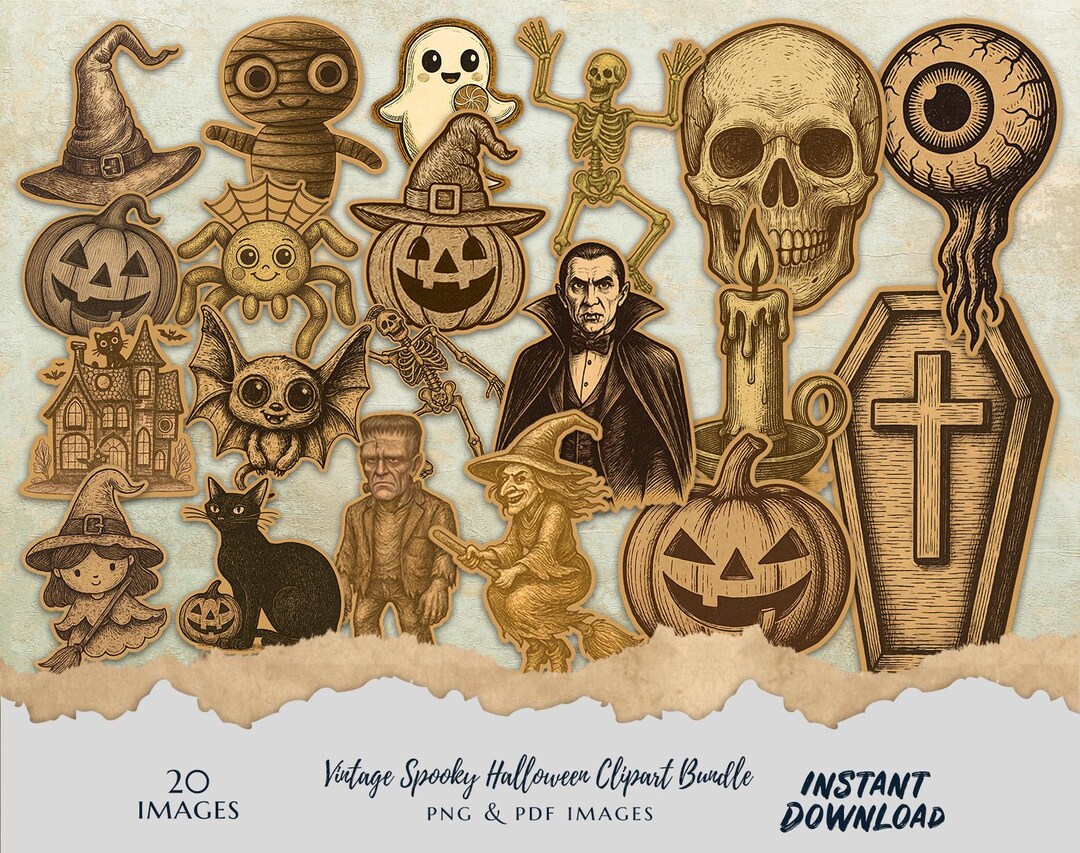 Cute Spooky Halloween Clipart - Vintage - Ghost - Pumpkin - Cat ...