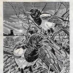 Magpie Print, Lino Print - Etsy UK
