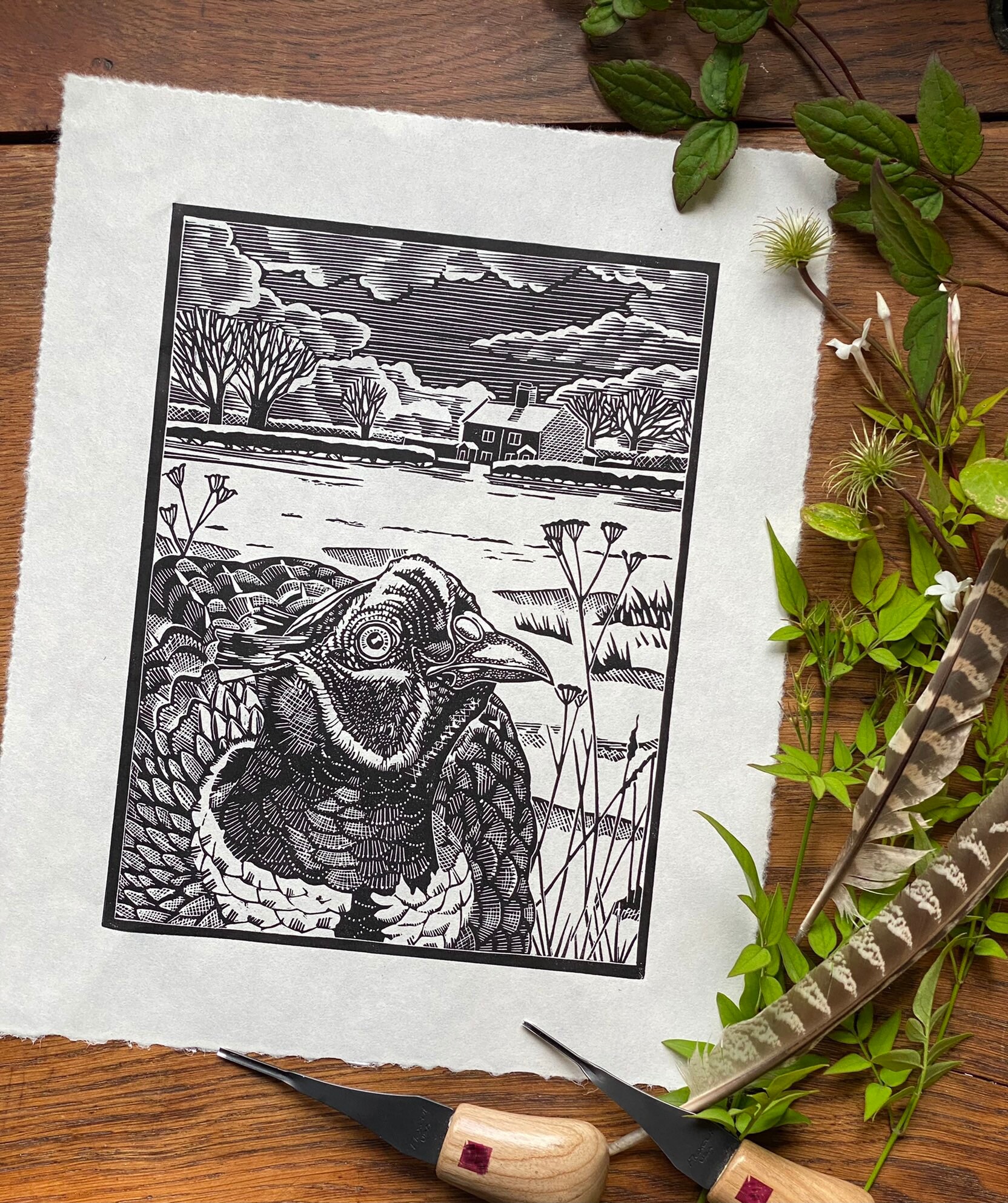 Pheasant in the Winter Snow , Lino Print ( Linoprint ) - Etsy UK