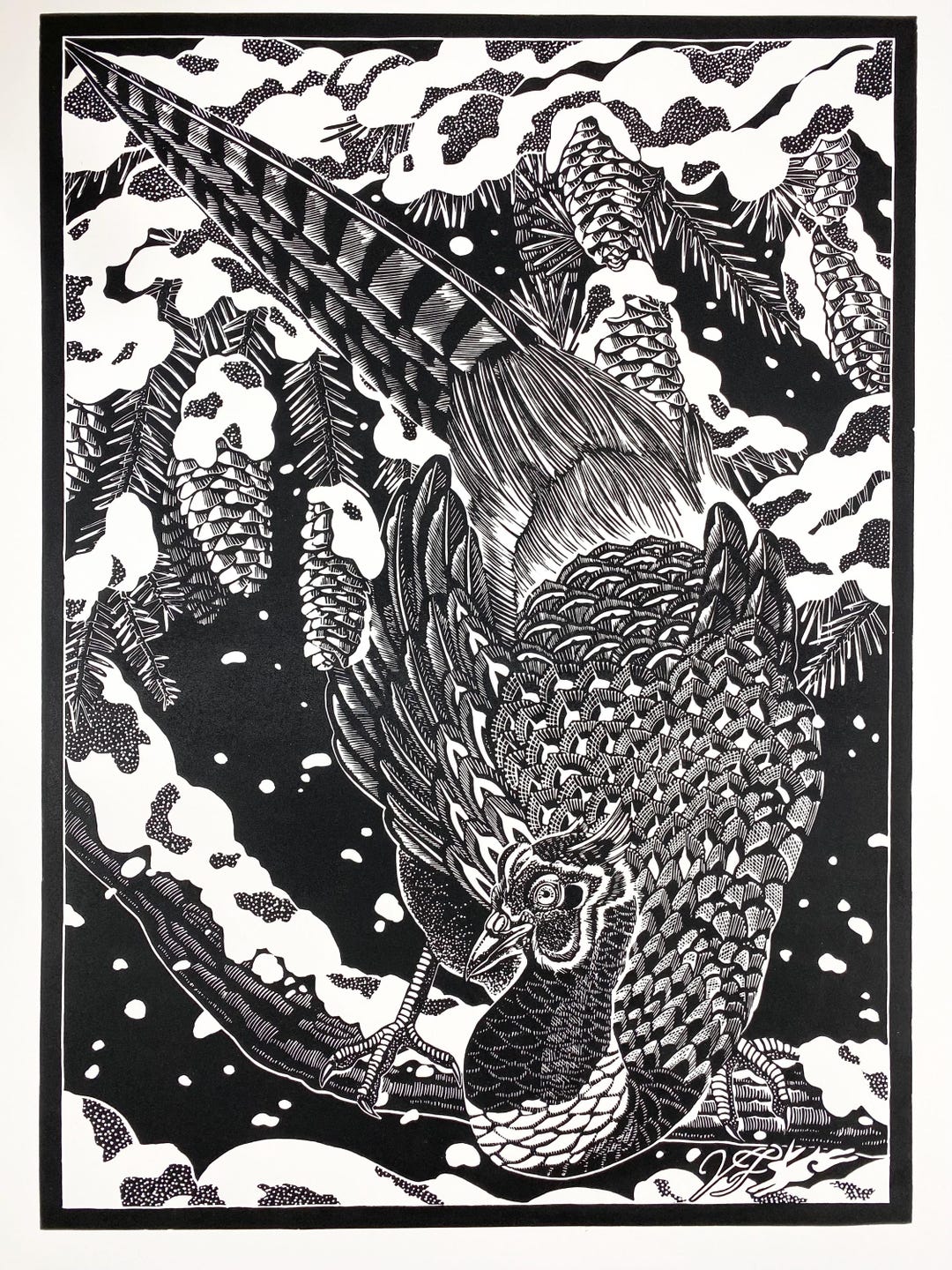 Pheasant in the Snow Lino Print - Etsy