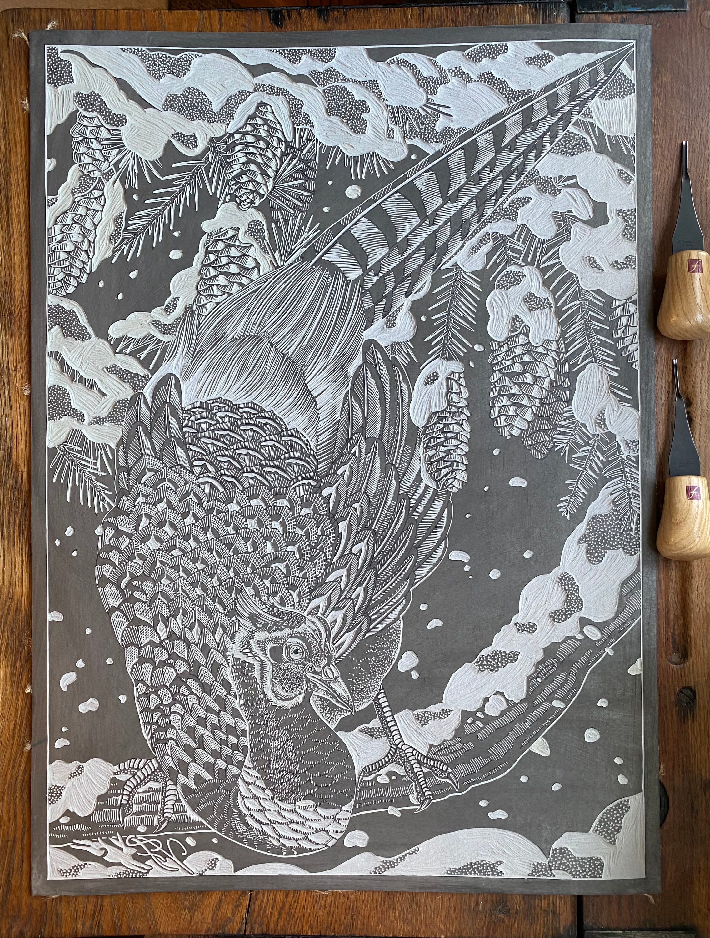 Pheasant in the Snow Lino Print - Etsy
