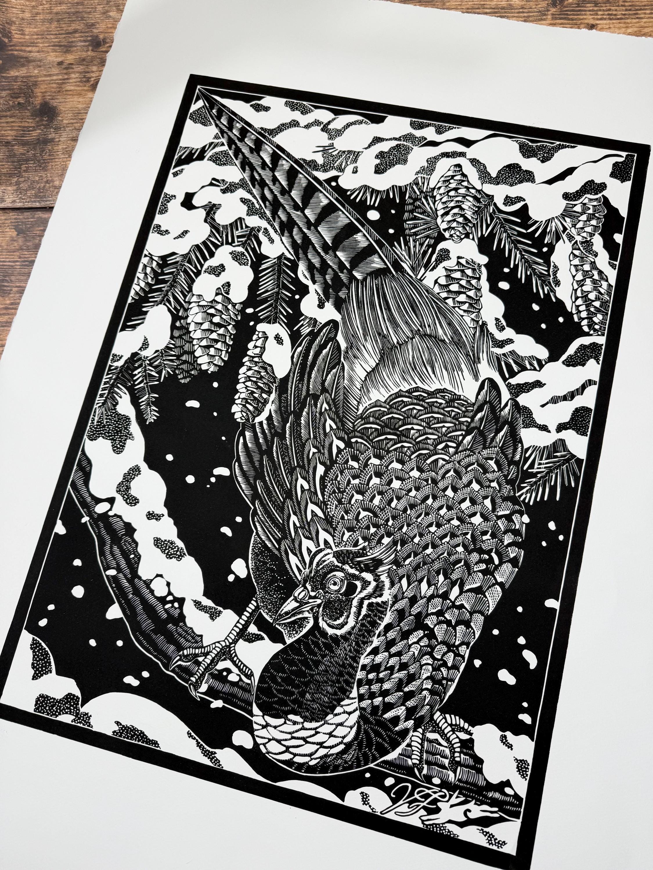 Pheasant in the Snow Lino Print - Etsy