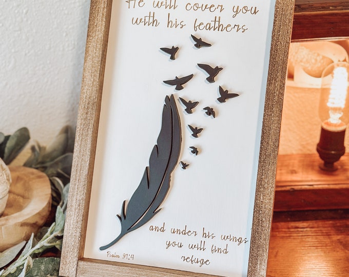 He Will Cover You With His Feathers | Psalm 91 Sign | Bible Verse Sign ...