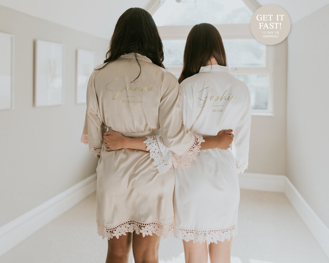 Personalised Large Name Bridal Robe Set Satin & Lace Wedding Robes ...