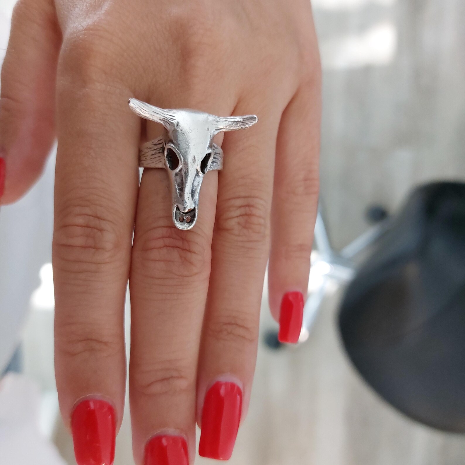 Bull Skull Ring, Bull Horn Ring, Silver Bull Ring, Gothic Horn Skull ...