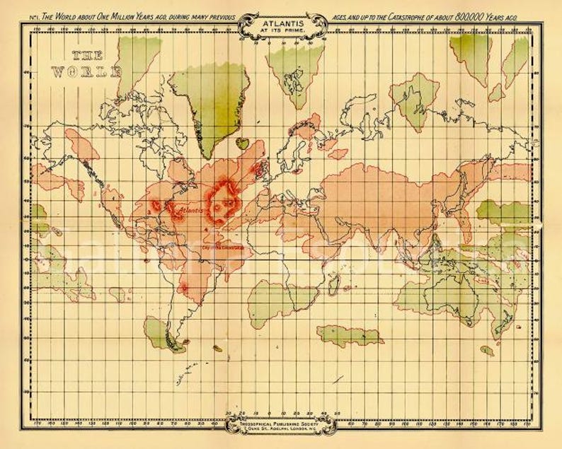 Atlantis Map Vintage | Mythical Ancient World Map | Theosophical Poster ...
