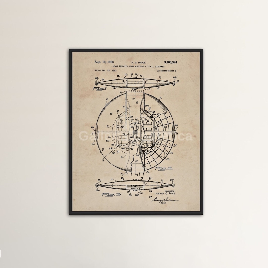 Flying Saucer Patent Vintage Print VTOL Craft, United States Blueprint ...