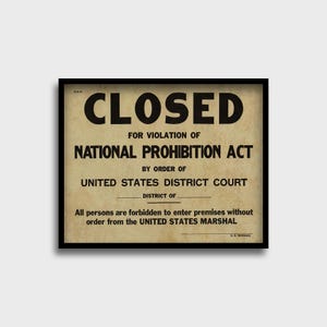 Prohibition Closed Sign Print | Retro Home Bar Print | Vintage Poster ...