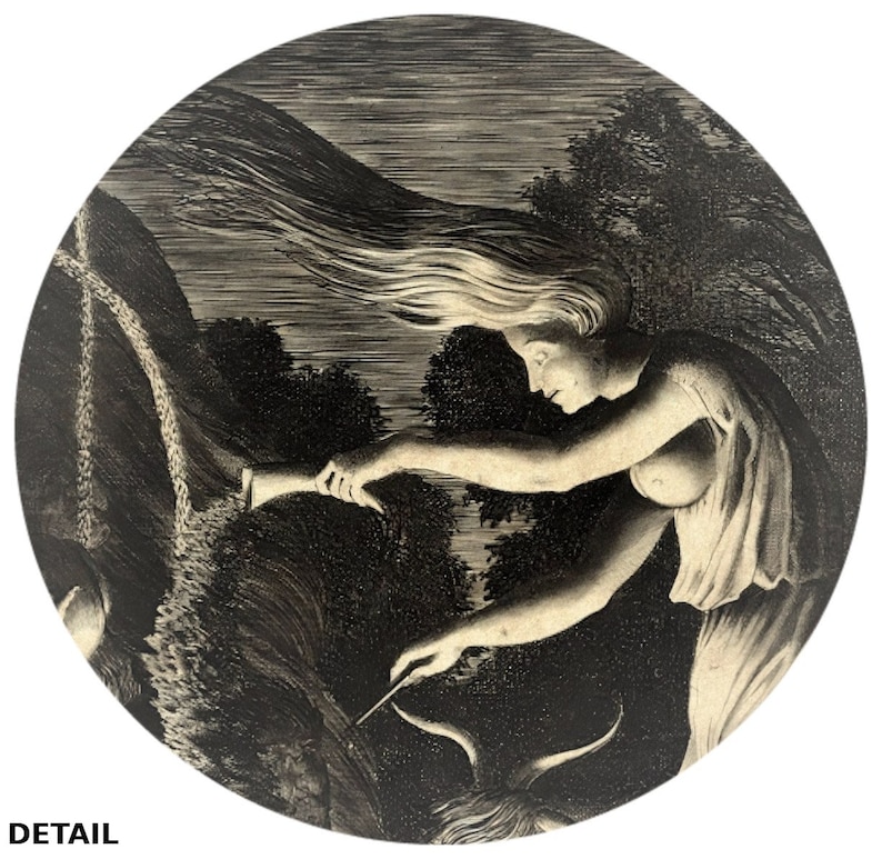 The Sorceress, Engraving, Aged Vintage 1600s Print, Sorceress Conjuring ...