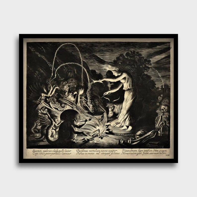 The Sorceress, Engraving, Aged Vintage 1600s Print, Sorceress Conjuring ...