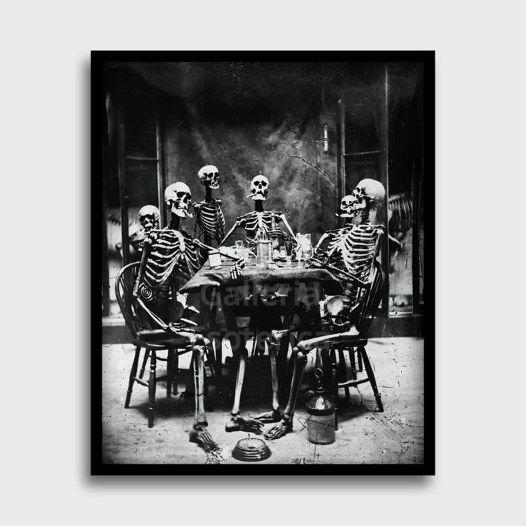 Skeleton Around the Dinner Table; Funny Vintage Aged Photograph ...