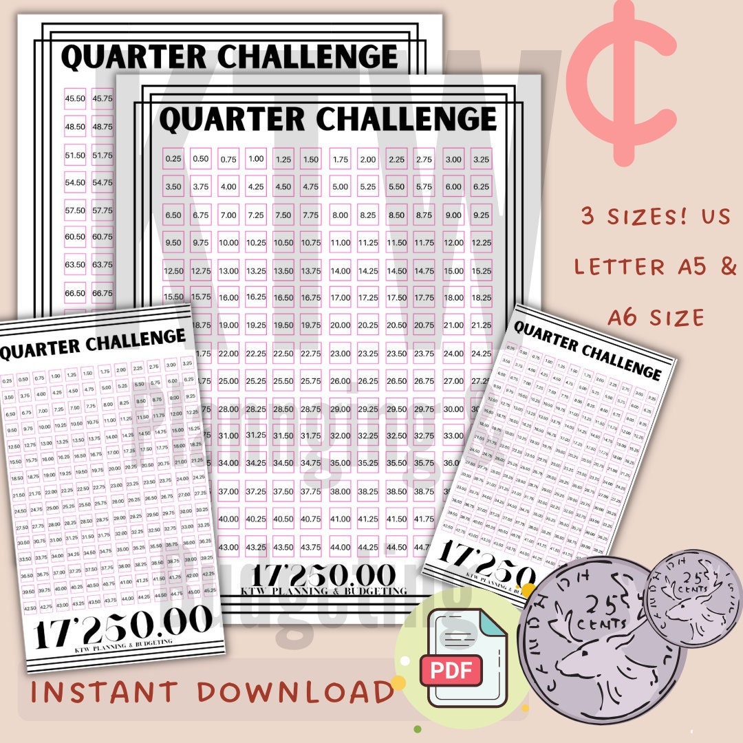 17'250.00 Quarter Challenge / Us Letter A5 and A6 Size / Coin Savings ...