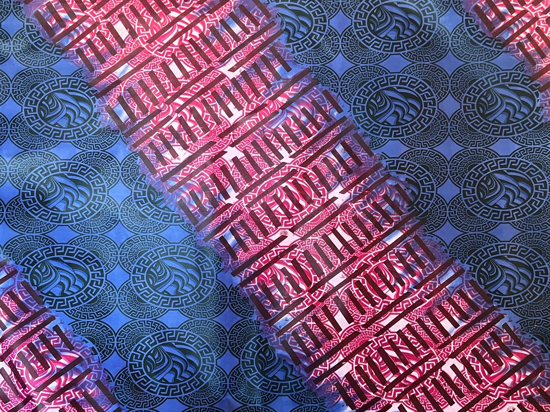 Blue and Red Printed Batik Fabric, Abstract Motif, Greek Key Background ...