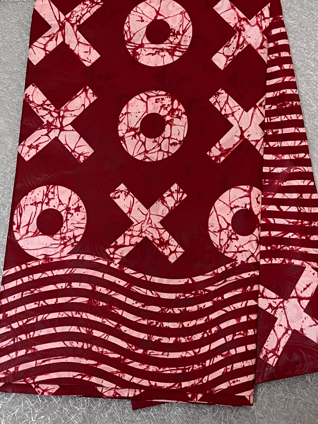 Vibrant Red Printed Batik Fabric, Noughts and Crosses With Wavy Stripes ...