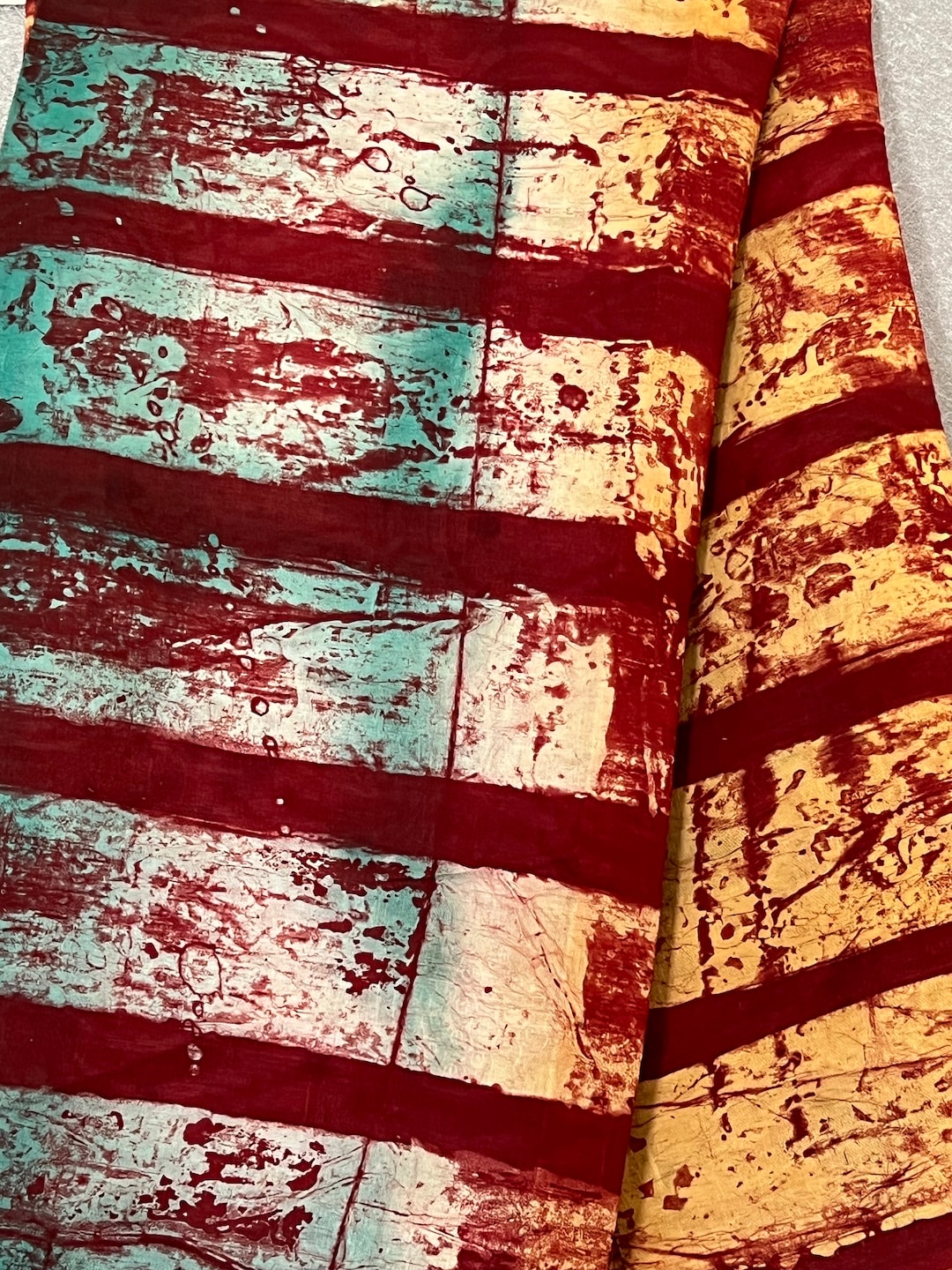 Nigerian Adire Batik, Handmade Batik Large Stripes Pattern, Red, Cyan ...