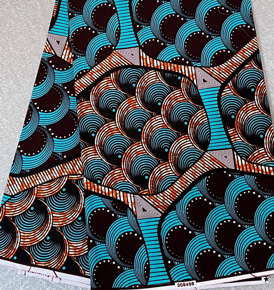 Blue & Brown African Print Fabric, Geometric Pure Cotton Fabric African ...