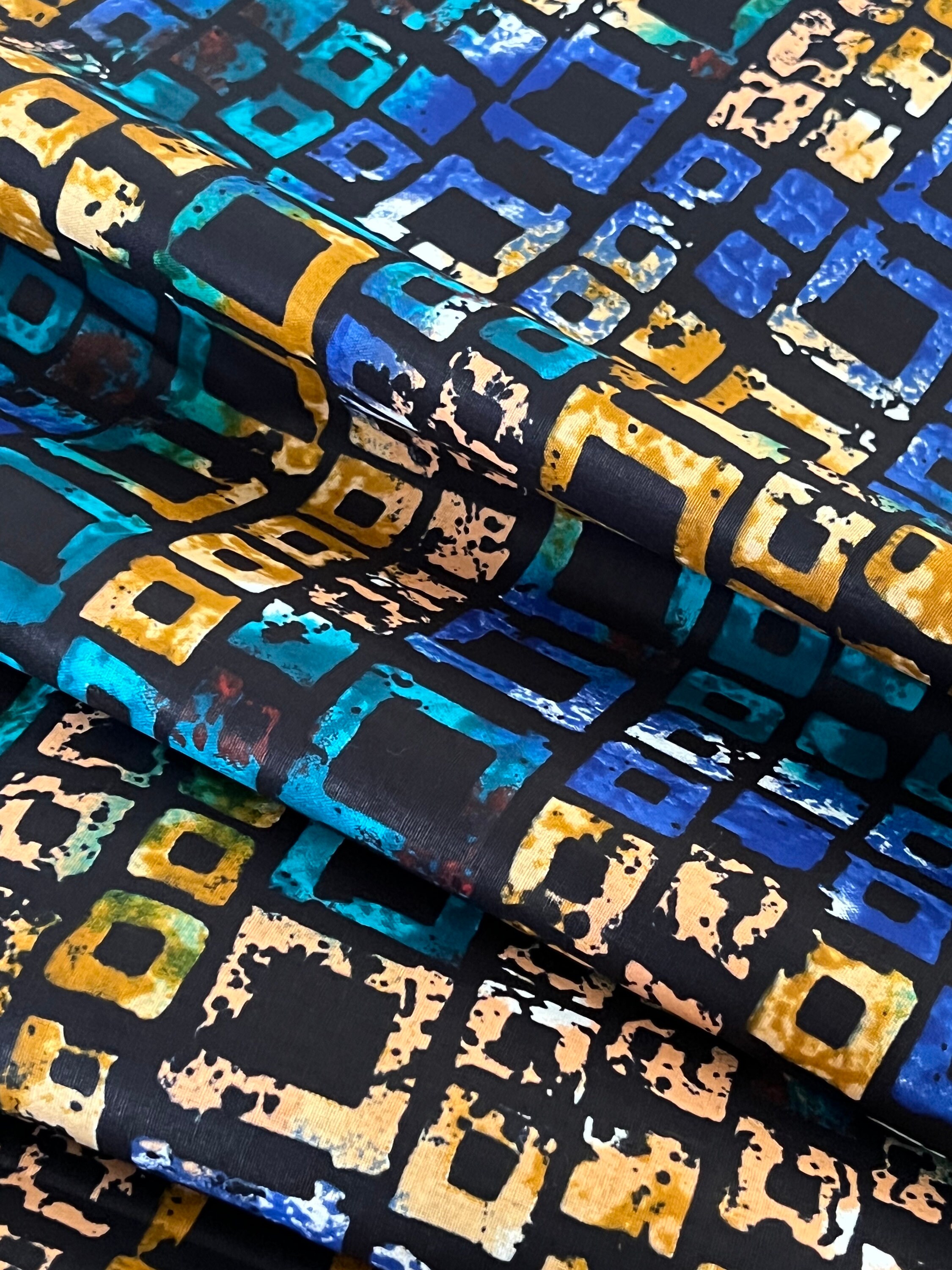 Blue Mustard Squares African Print Cotton Fabric - Ankara Wax Print - Etsy