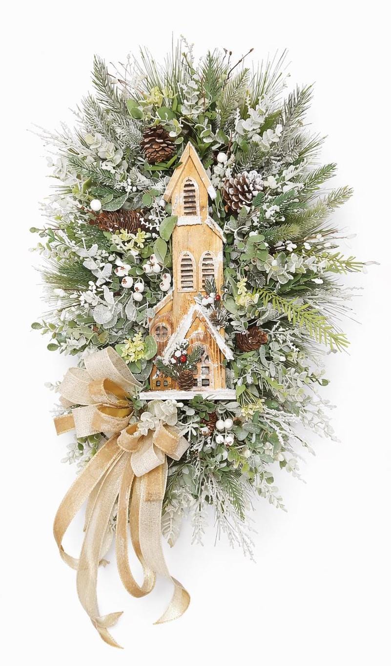 Rustic Wooden Church Christmas Swag, Frosted Woodland Door Decor ...