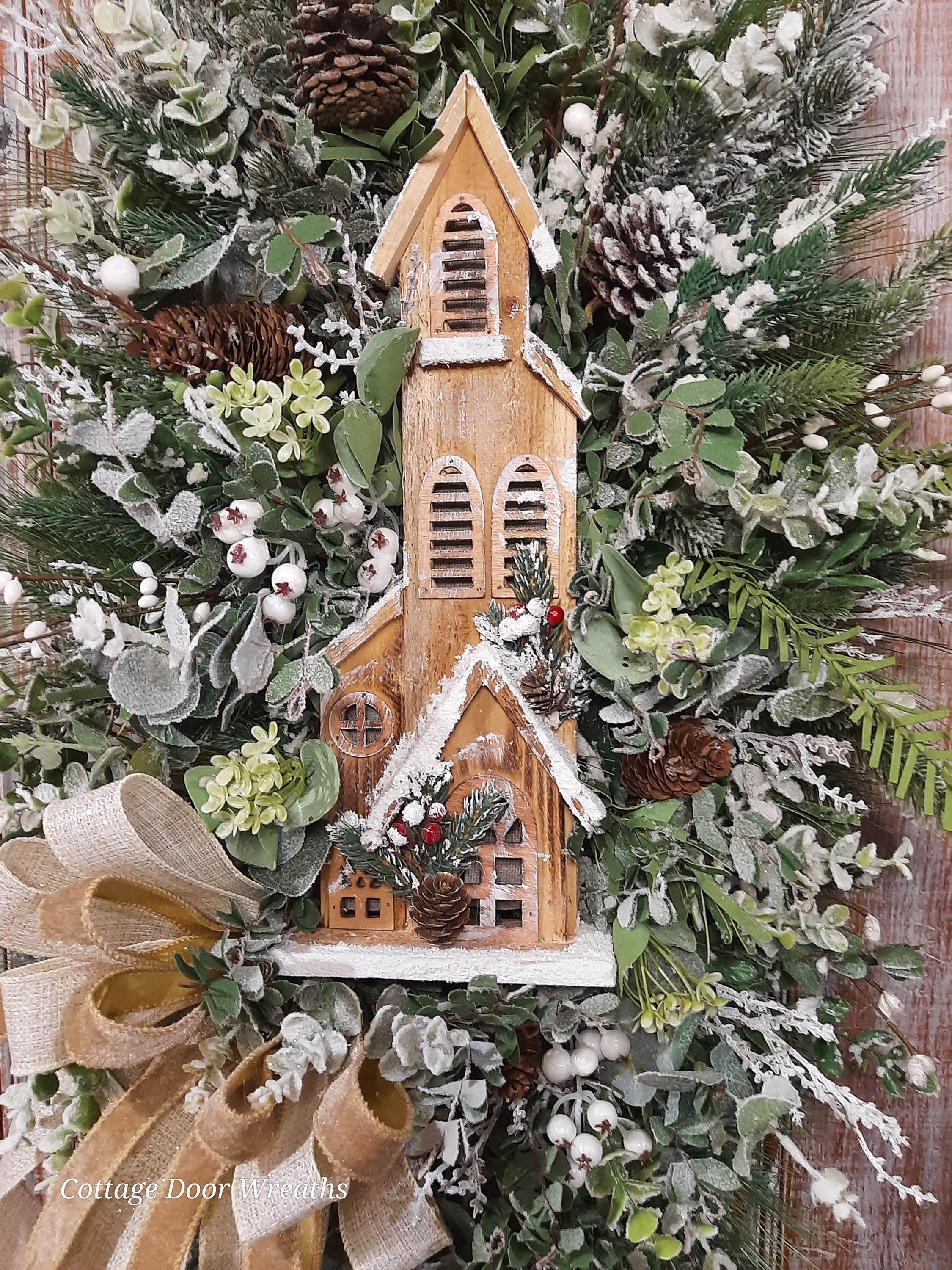 Rustic Wooden Church Christmas Swag, Frosted Woodland Door Decor ...