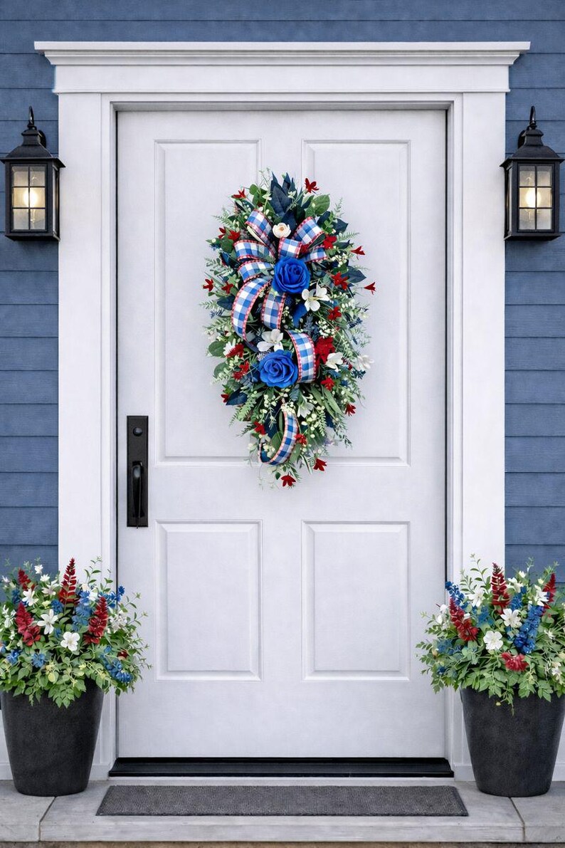 Patriotic Swag Wreath, Farmhouse 4th of July Decor, Red White Blue ...