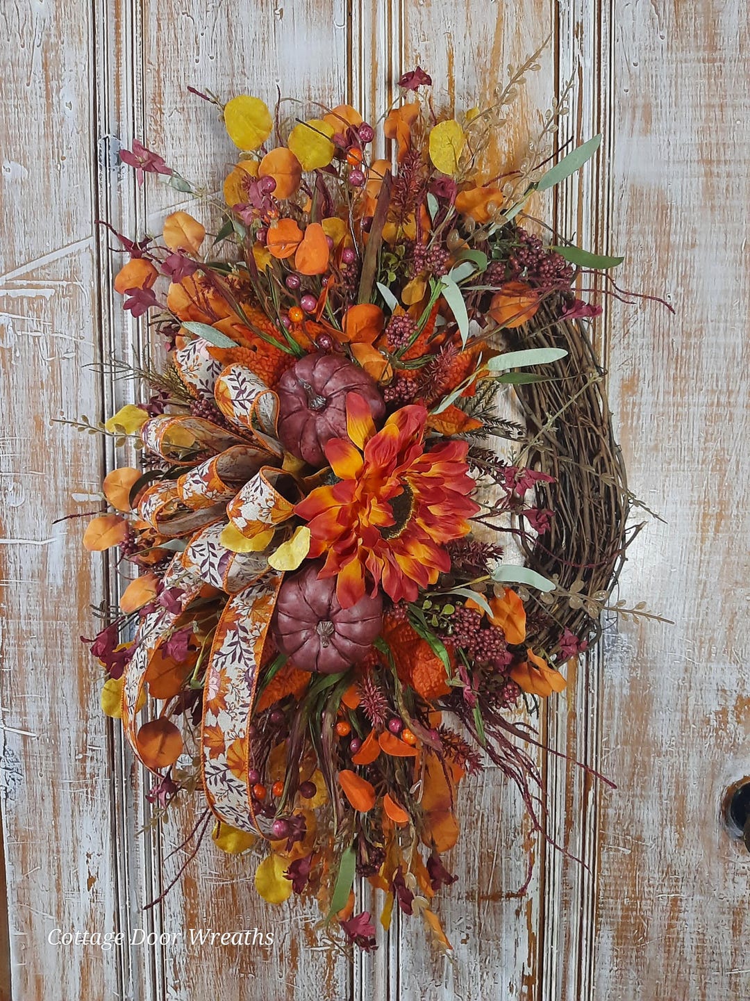 Pumpkin Fall Wreath for Front Door, Burgundy Sunflower Autumn Decor ...