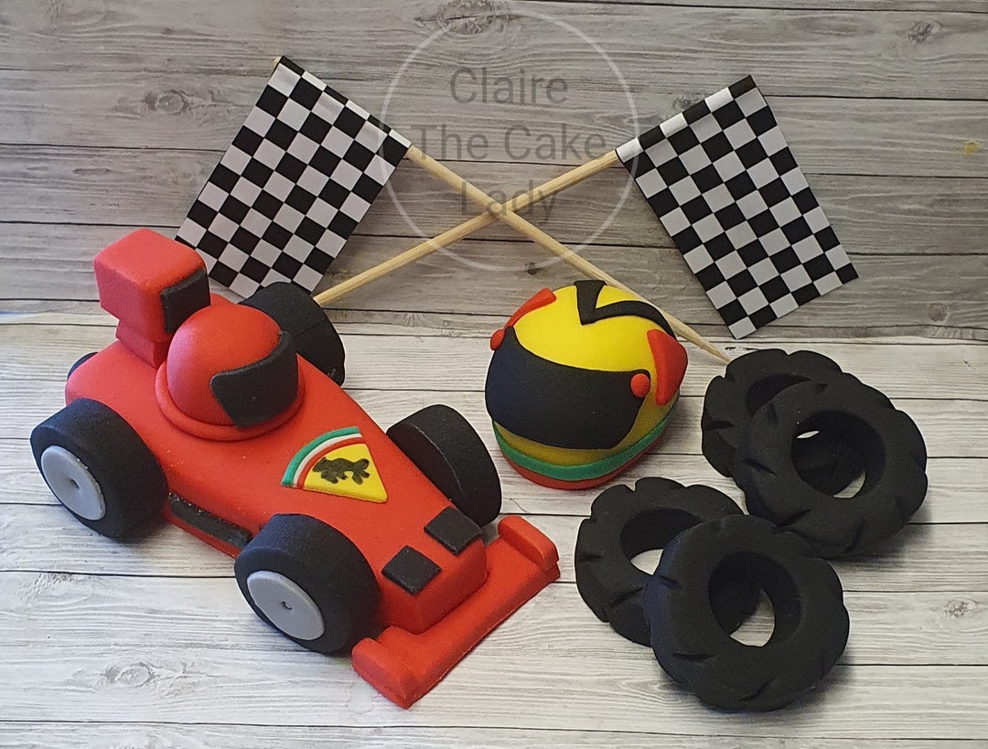 Handmade Edible Large Racing Car Cake Topper Set - Car, Tyres, Flags ...
