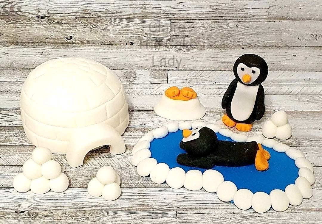 Handmade Edible Christmas Penguin and Igloo Cake Topper Decoration Set ...