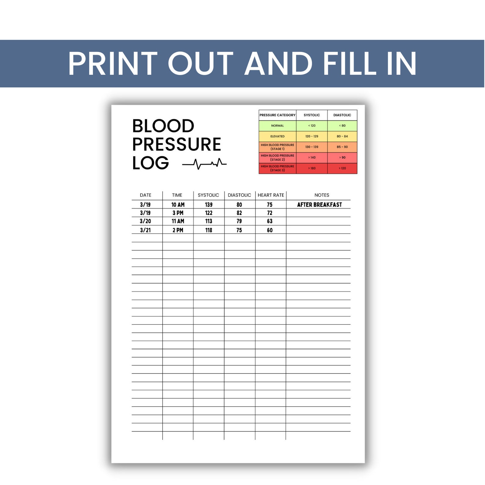 Blood Pressure Log Printable | Daily Blood Pressure Tracker | Medical ...