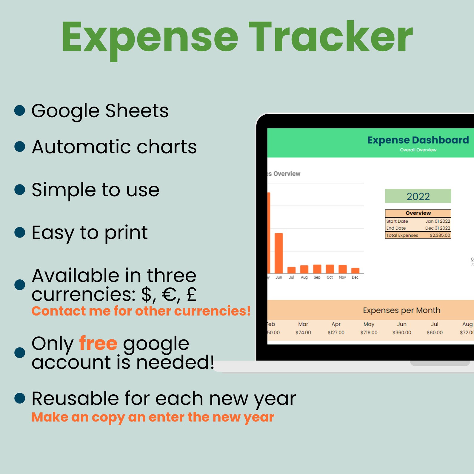 Personal Expense Tracker Google Sheet Template | Monthly Expense ...