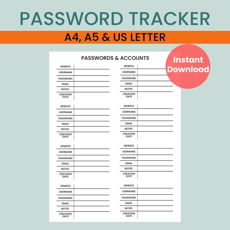 Password Tracker Printable | Password Log | Password Keeper | Password ...