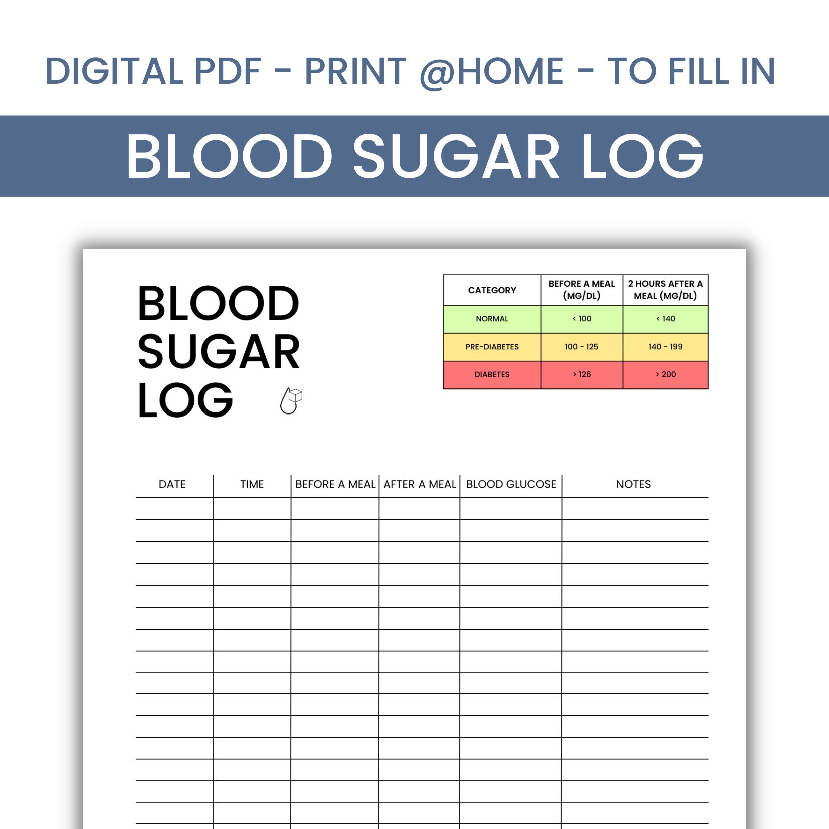 Blood Sugar Log Printable | Daily Blood Sugar Tracker | Diabetes Log ...