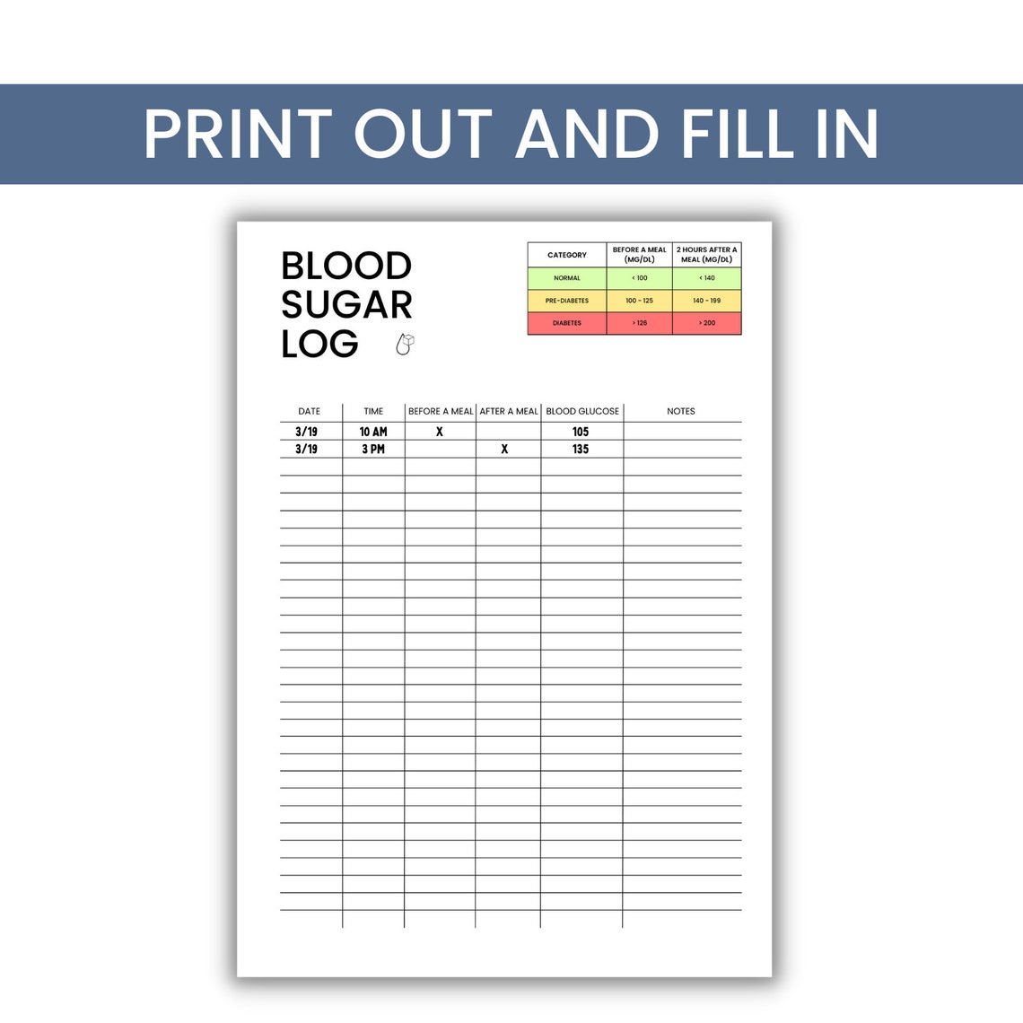 Blood Sugar Log Printable | Daily Blood Sugar Tracker | Diabetes Log ...