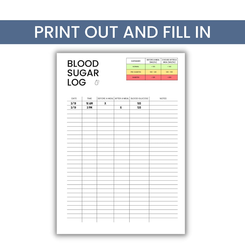 Blood Sugar Log Printable | Daily Blood Sugar Tracker | Diabetes Log ...