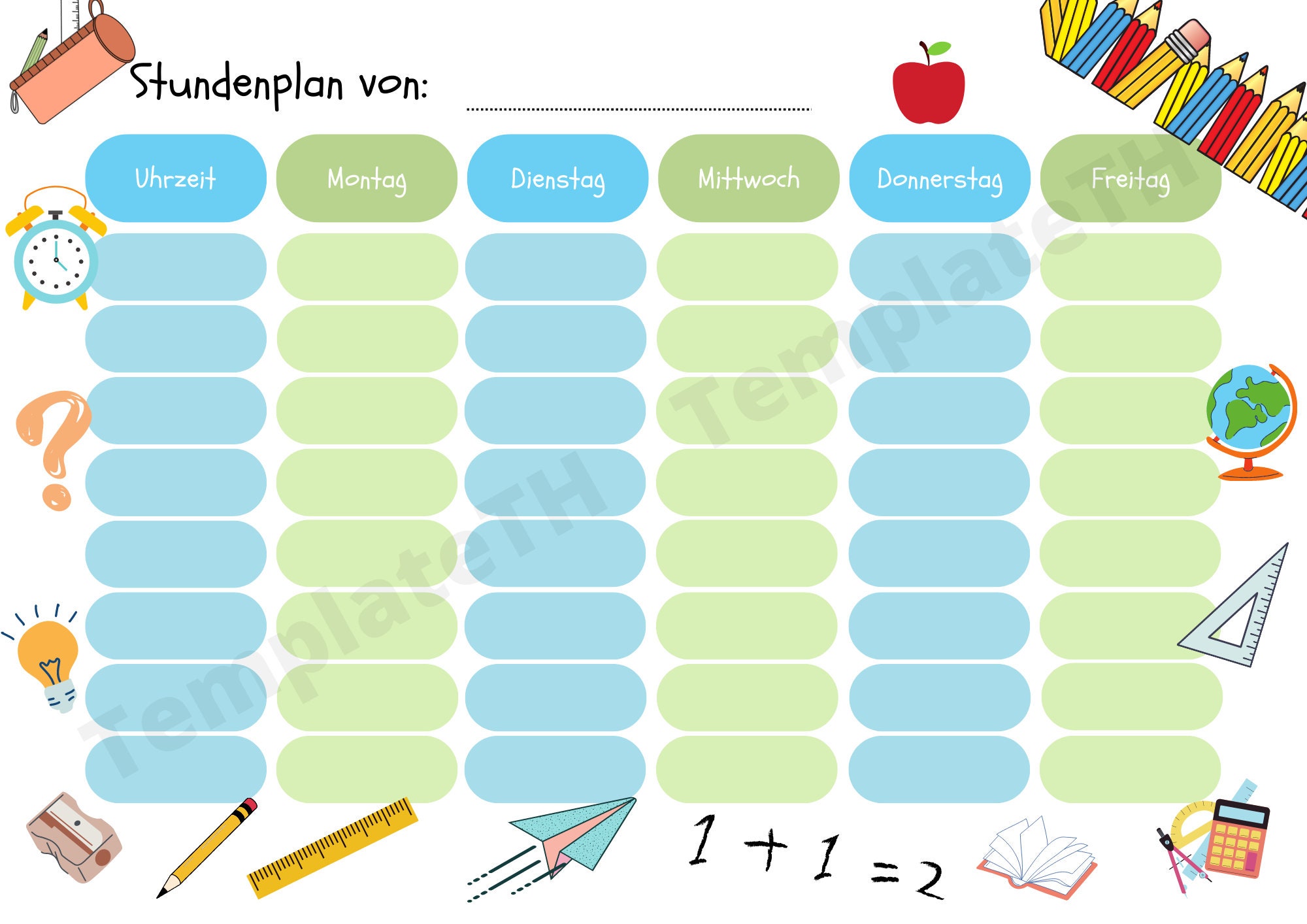 Timetable in Green/blue for the Start of School in German and - Etsy