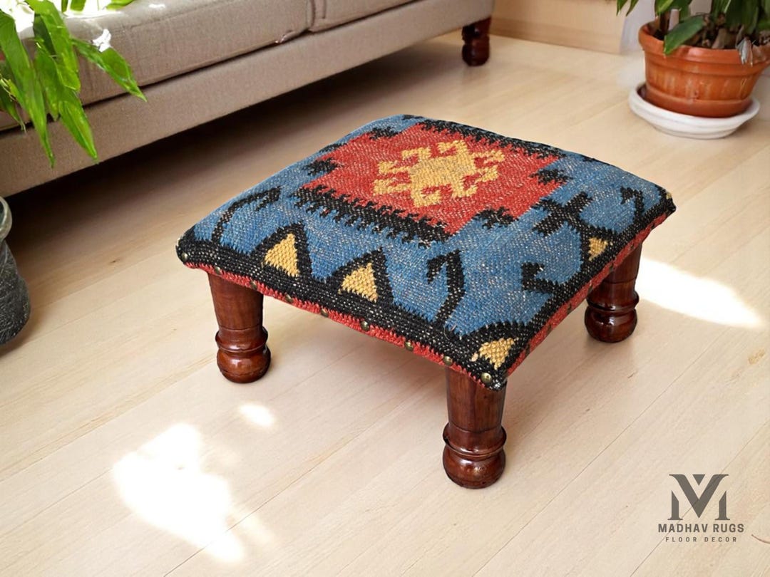 Handmade Kilim Ottoman: Boho Accent Footstool, Acacia Wood - Etsy