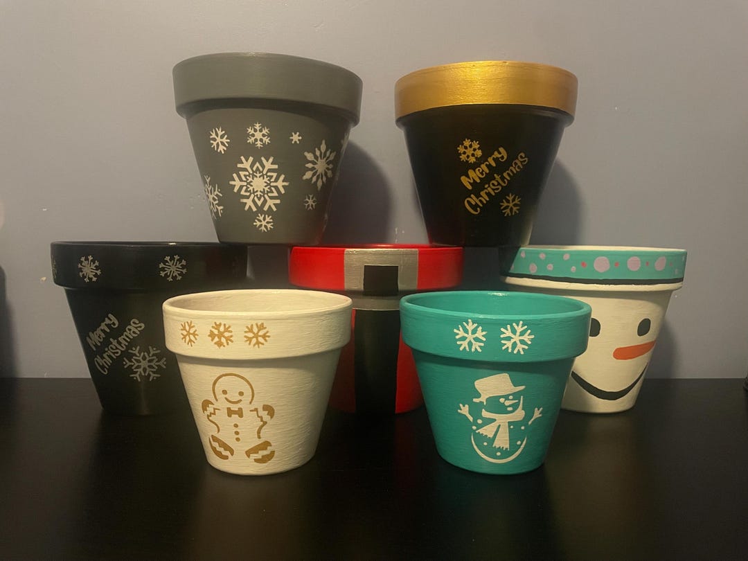 Hand Painted Terracotta Christmas Plant Pots Snowman Snowflake Santa ...