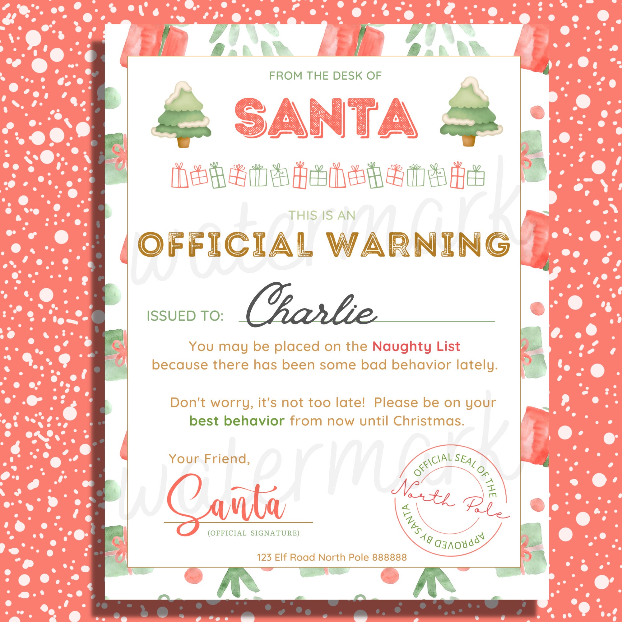 Santa's Naughty List Letter Printable Santa Letter - Etsy