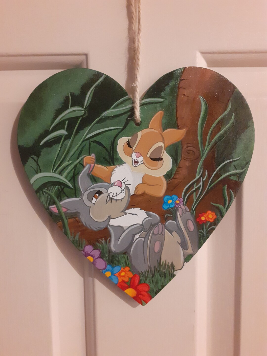 Thumper Rabbit and Miss Bunny Handpainted Wooden Heart Shaped Wall Sign ...