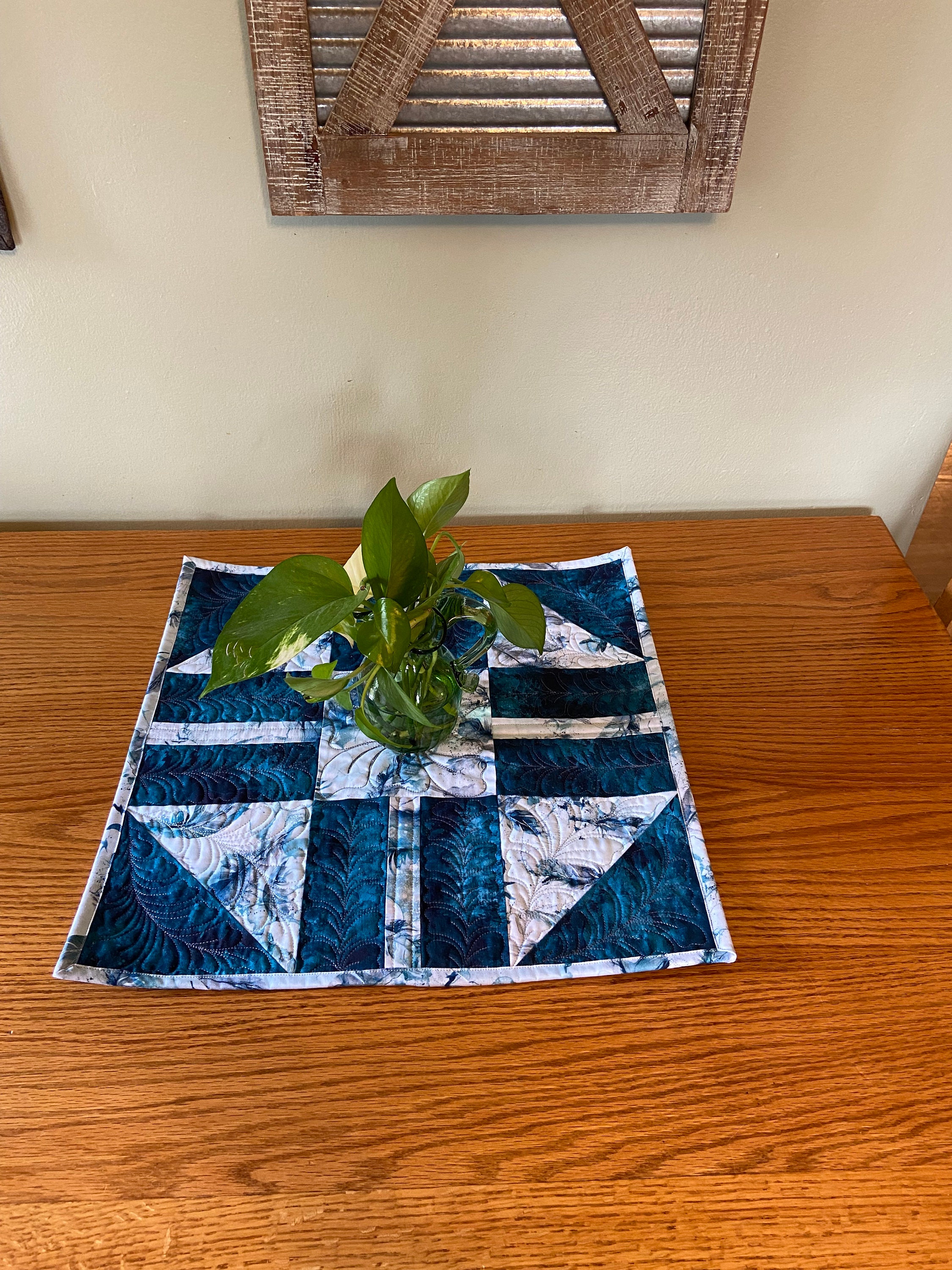 Quilted Blue and White Feather Table Runner - Etsy