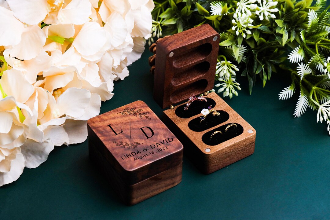 Custom Wood Ring Box, Wedding Ring Box for Ceremony, Ring Box for 3 ...