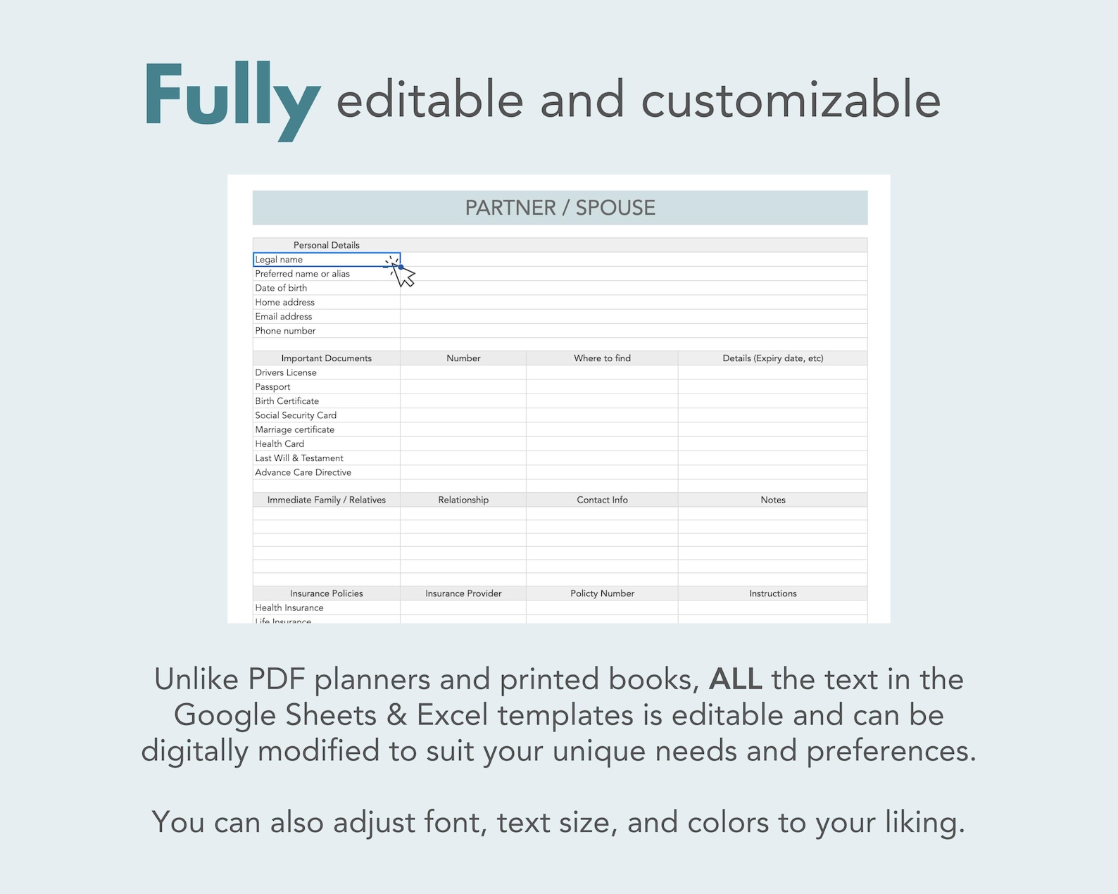 In Case of Emergency & End-of-life Planner Customizable Google Sheets ...