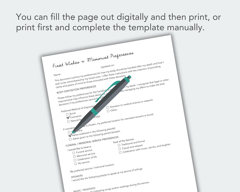 End of Life Final Wishes & Memorial Preferences | Editable Printable ...