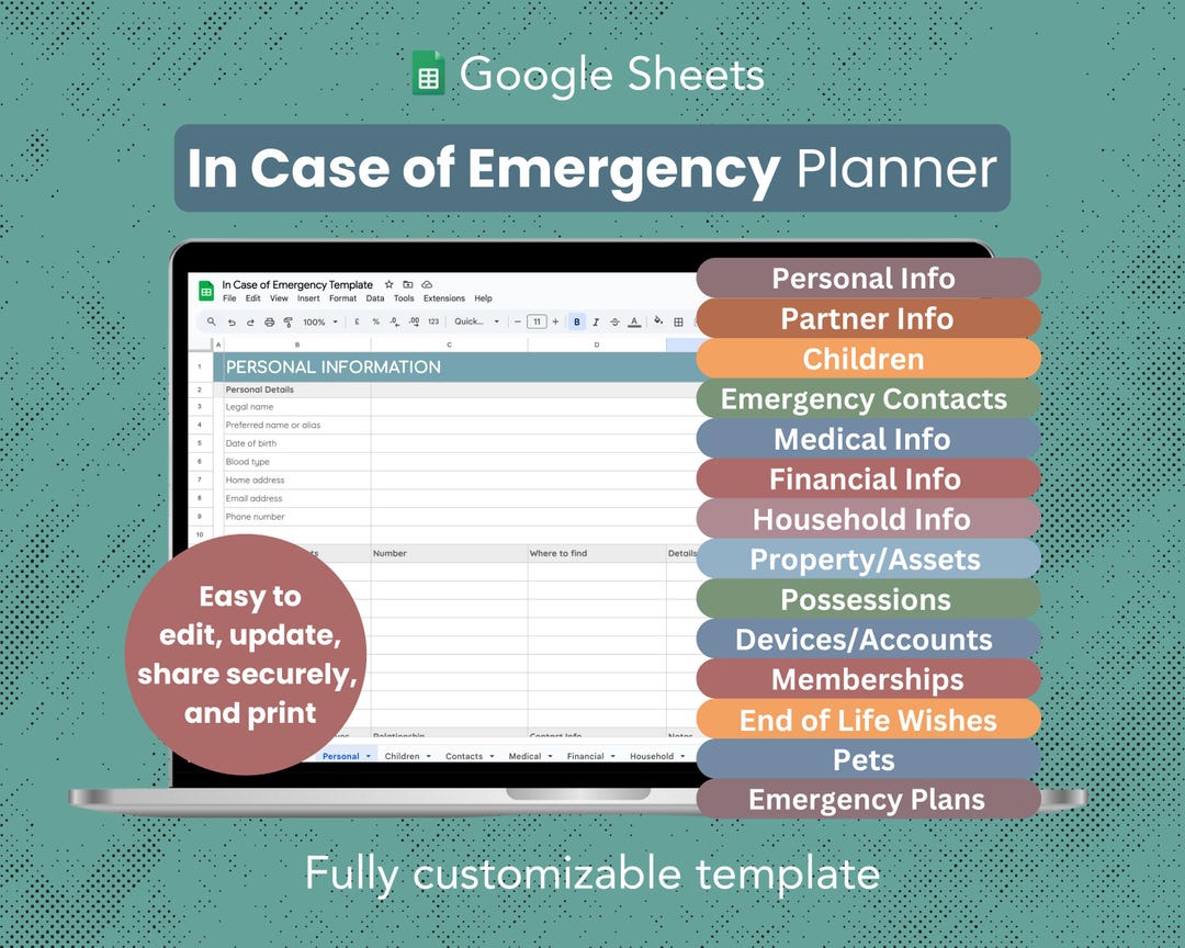 In Case of Emergency Planner Google Sheets Template - Printable ...