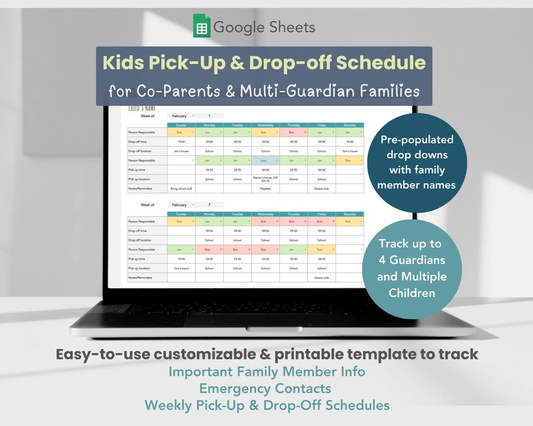 Kids Pick-up & Drop-off Schedule in Google Sheets | Co-parenting ...