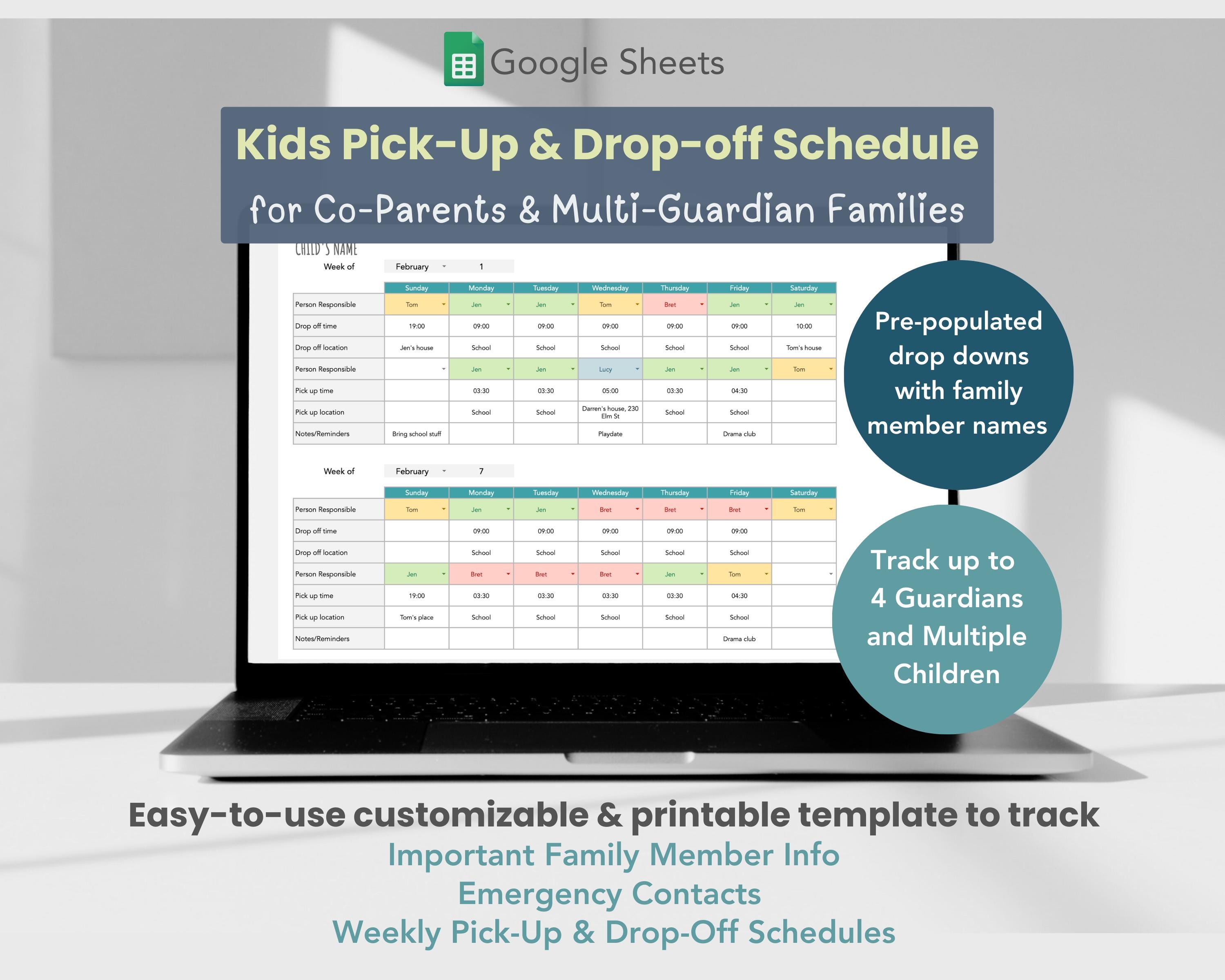 Kids Pick-up & Drop-off Schedule in Google Sheets | Co-parenting ...